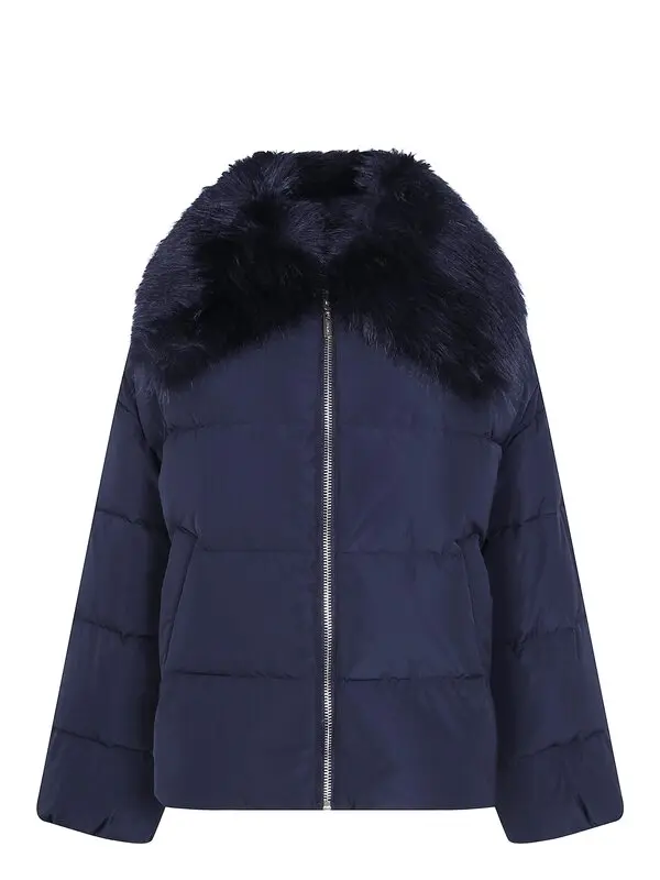 TWINSET Faux Fur Neck Puffer Jacket - Black