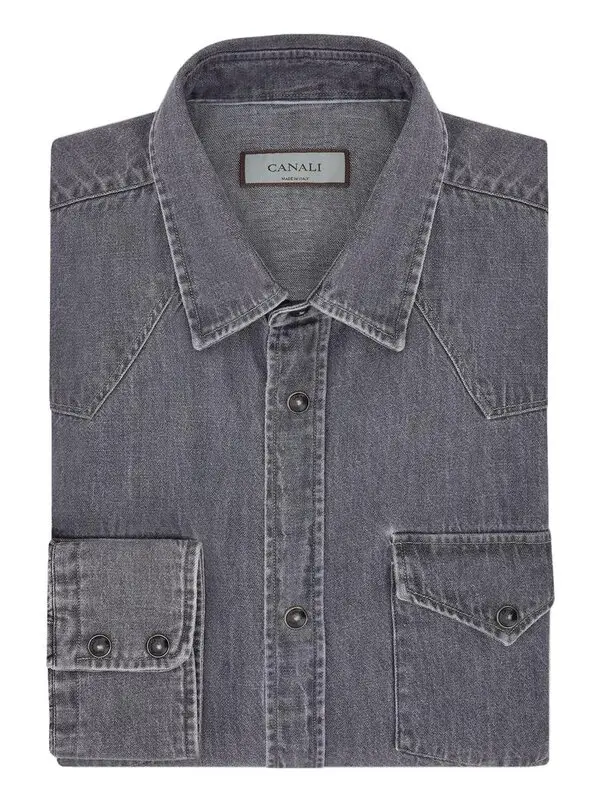 Canali Gray Stonewashed Cotton Denim Regular-fit Western Shirt - Grey