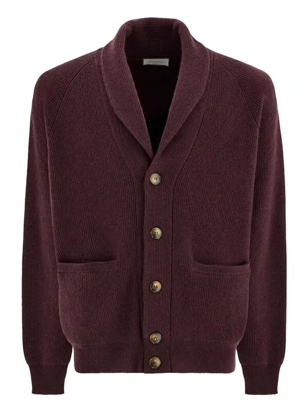Canali Burgundy Cashmere Shawl Collar Cardigan - Red