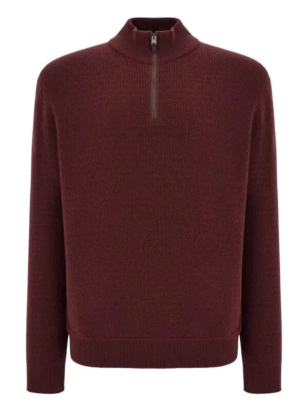 Canali Burgundy Wool And Cashmere Zippered Polo Shirt With Nubuck Details - Red