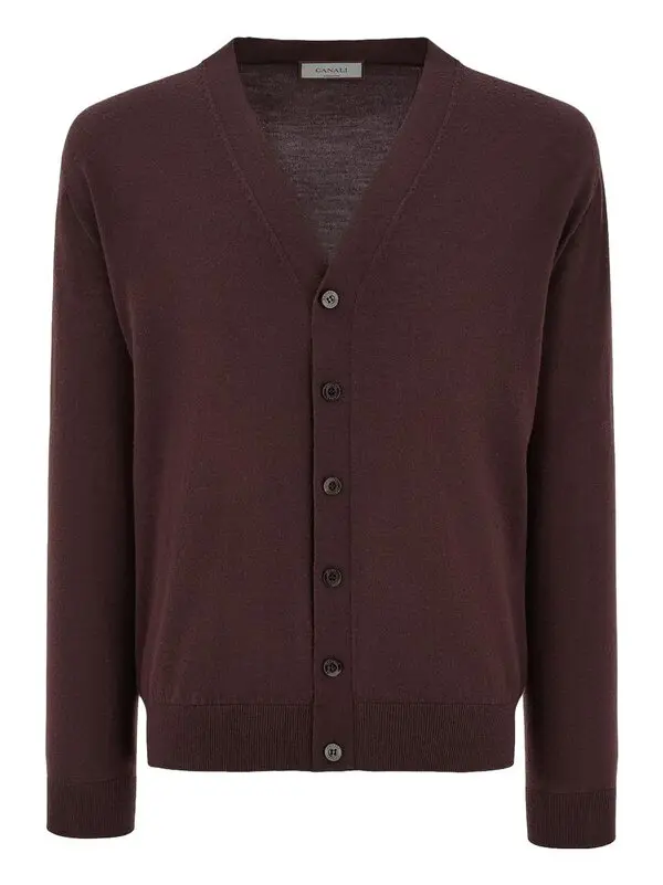 Canali Burgundy Seamless Merino Wool V-neck Cardigan - Red