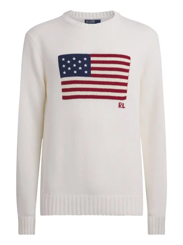 Polo Ralph Lauren American Flag Embroidered Crewneck Sweater - White