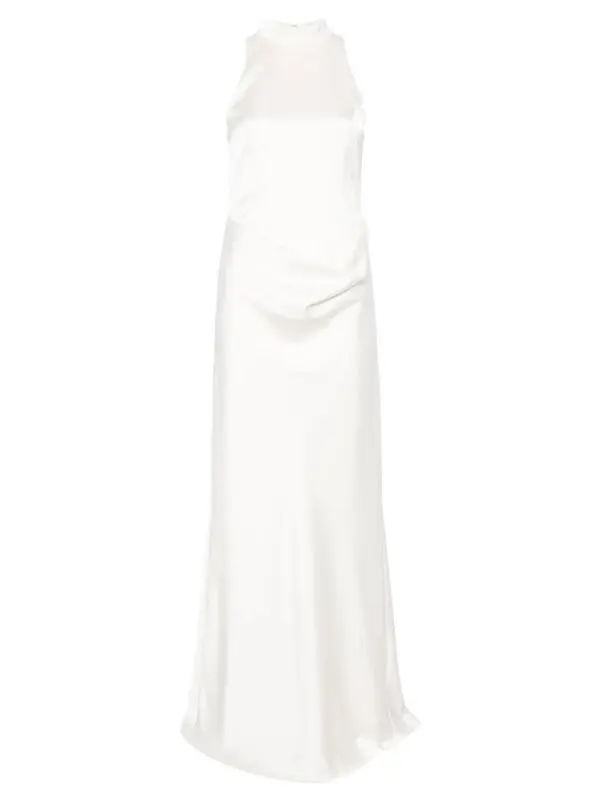 ROTATE BY BIRGER CHRISTENSEN High-neck Sleeveless Satin Gown With Draped Waist And Train - Bianco