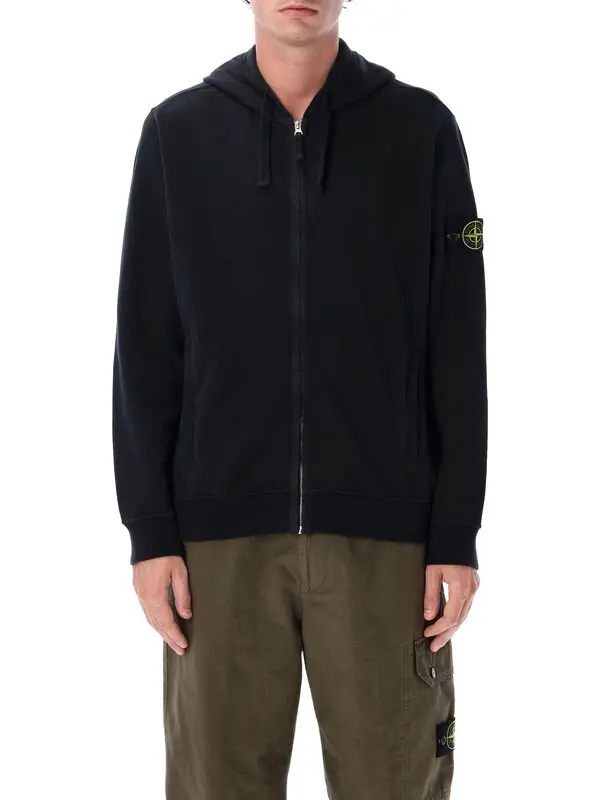 Stone Island Brushed Organic Cotton Full-zip Hoodie With Drawstring Hood And Sleeve Badge - Nero