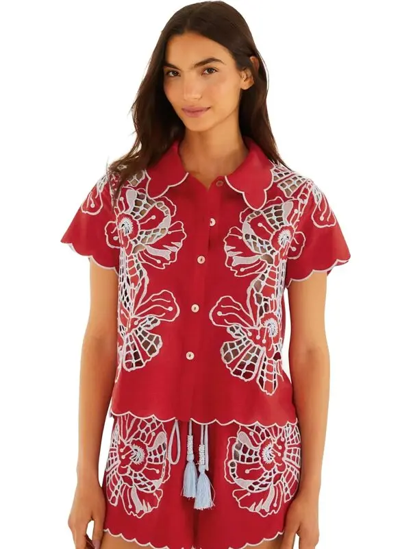 Farm Rio Short-sleeve Cut-out Embroidered Button-up Blouse - Rosso