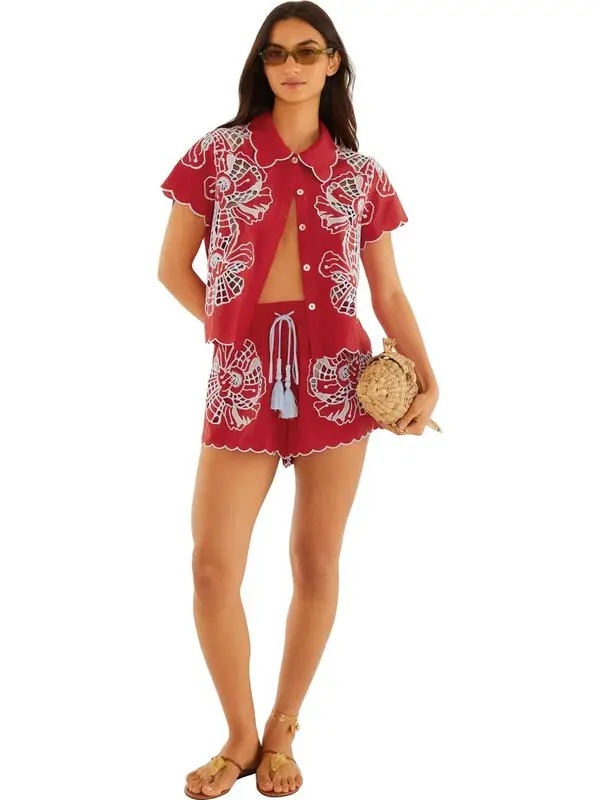 Farm Rio Embroidered Linen-blend Drawstring Mini Shorts - Rosso