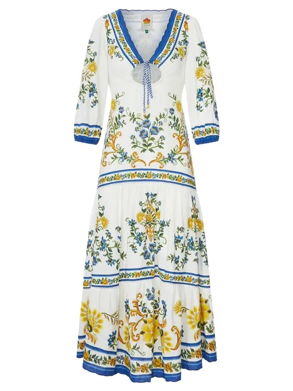 Farm Rio Floral Print Midi Dress With V-neck Drawstring And Three-quarter Sleeves - Bianco