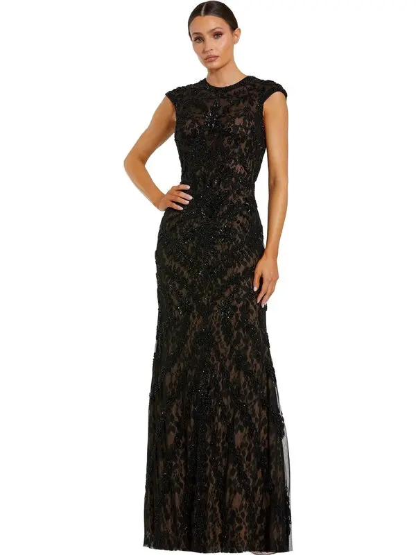 Mac Duggal Embellished Lace Cap Sleeve Evening Gown - Black