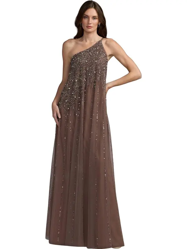 Mac Duggal One Shoulder Embellished Trapeze Gown - Brown