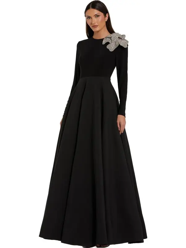 Mac Duggal Petite Long Sleeve Ball Gown With Rhinestone Flower Embellishment - Black