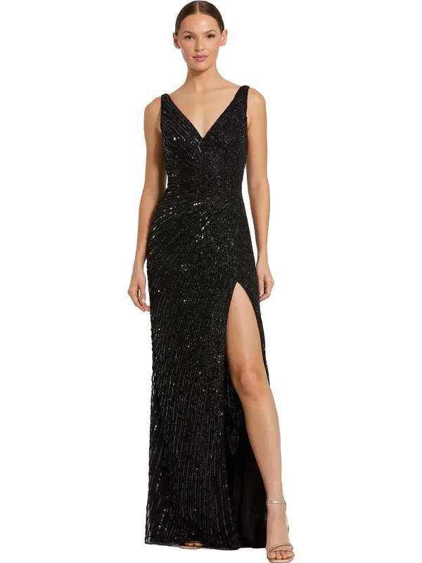 Mac Duggal Embellished V-neck Sleeveless Gown With Slit - Black