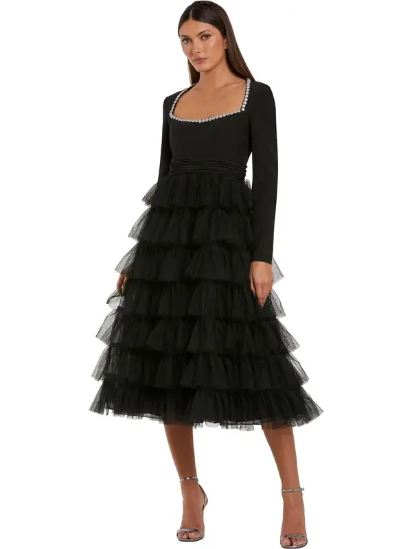 Mac Duggal Crystal Trim Long Sleeve Tiered Tulle Midi Dress - Black