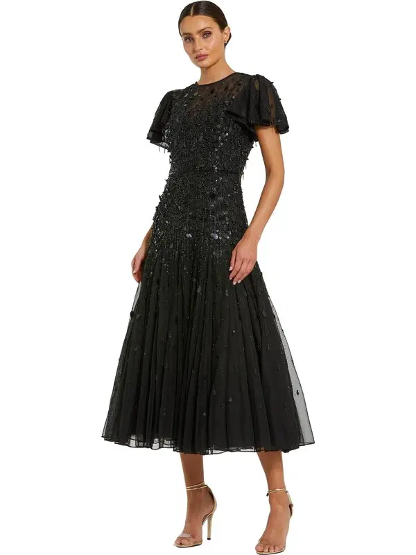 Mac Duggal Embellished Beaded Fringe High Neck Flutter Sleeve Midi Dress - Black