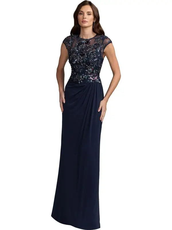 Mac Duggal Embroidered Cap Sleeve Gown - Midnight Multi