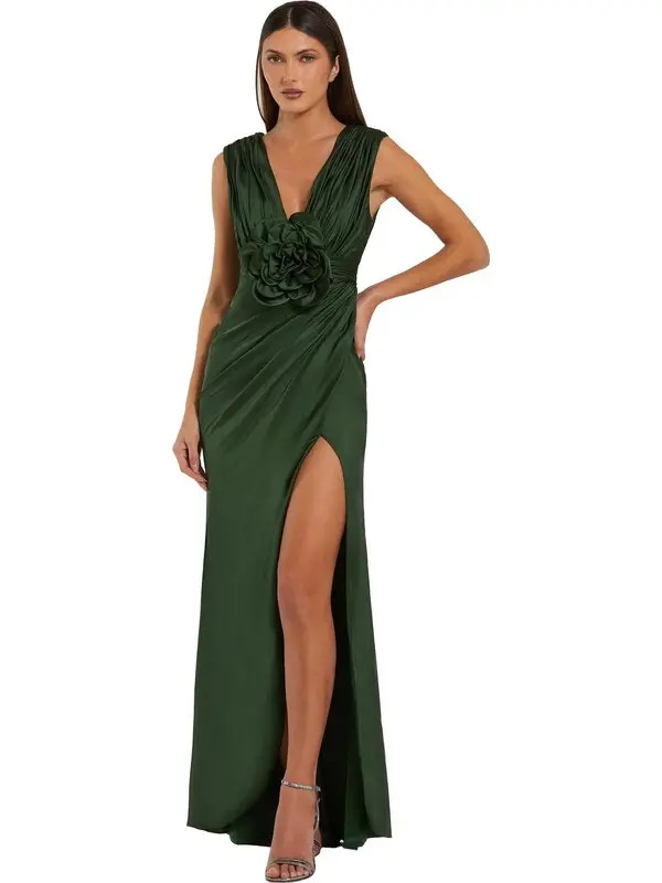 Mac Duggal Sleeveless Plunge Neck Gown With 3d Flower Applique And Slit - Pear