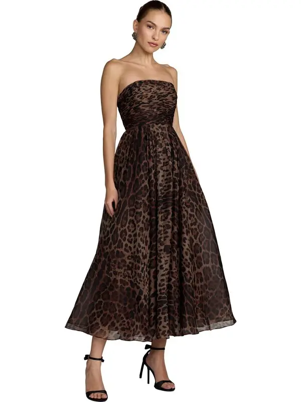 Mac Duggal Strapless Ruched Bodice A-line Chiffon Midi Dress - Leopard