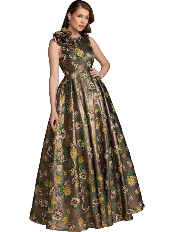 Mac Duggal Metallic Floral Brocade Ball Gown With 3d Rosette - Gold