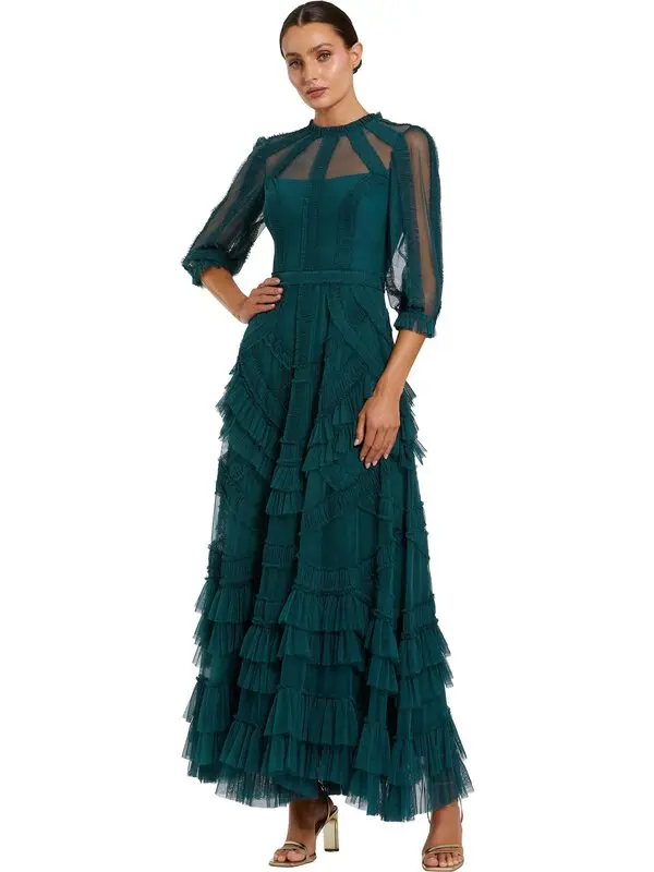 Mac Duggal Petite Teal High Neck Tiered Ruffle Maxi Gown - Blue