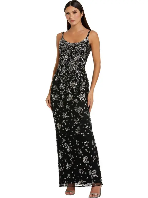 Mac Duggal Floral Embellished Scoop Neck Evening Gown - Black