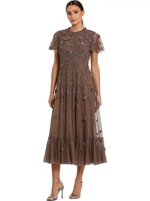 Mac Duggal Embellished High Neck Flutter Sleeve A-line Midi Dress - Brown