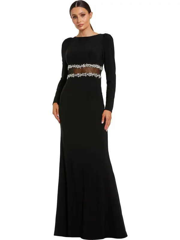 Mac Duggal Long Sleeve Jersey Gown With Jewel Detail - Black