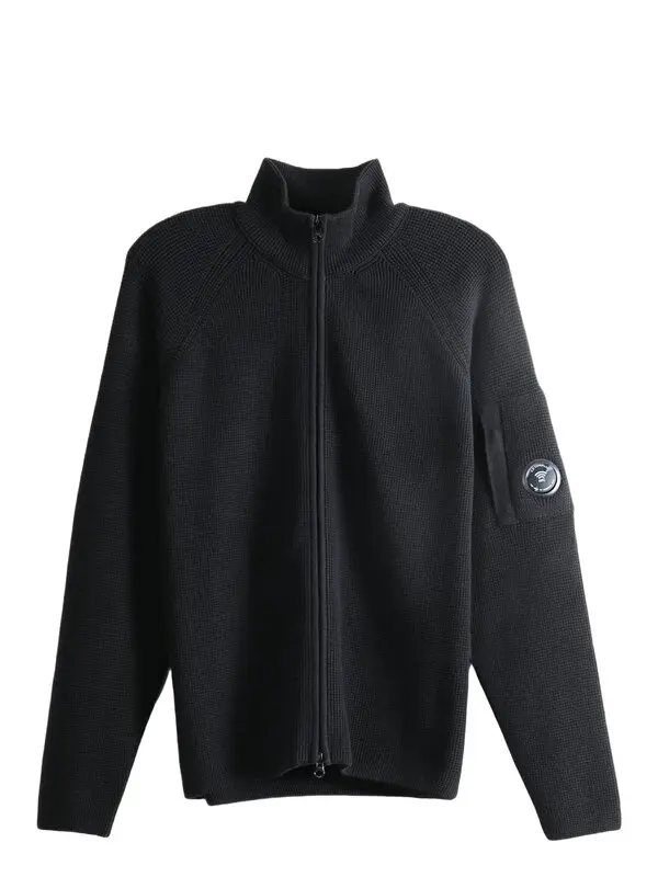 C.P. COMPANY Waffle Knit Cotton Zip Lens Cardigan - Black