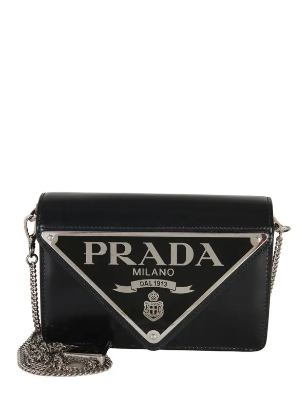 Prada Spazzolato Triangle Logo Plate Flap Chain Crossbody Bag - Black