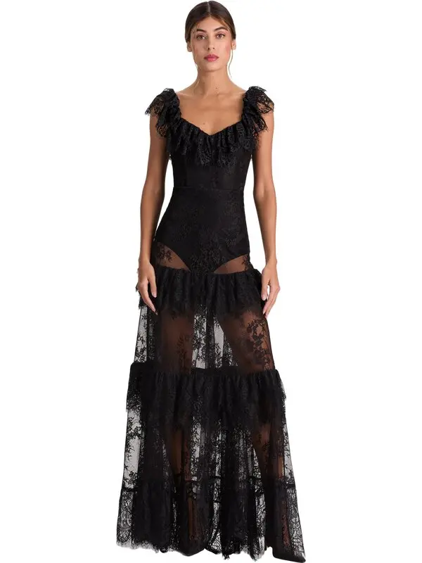 Alice + Olivia Myrna Lace Tiered Gown - Black