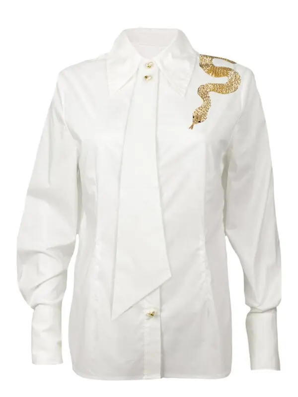 HOUSE OF LAINES LONDON White Gold Embellished Snake Tie Shirt - White/gold