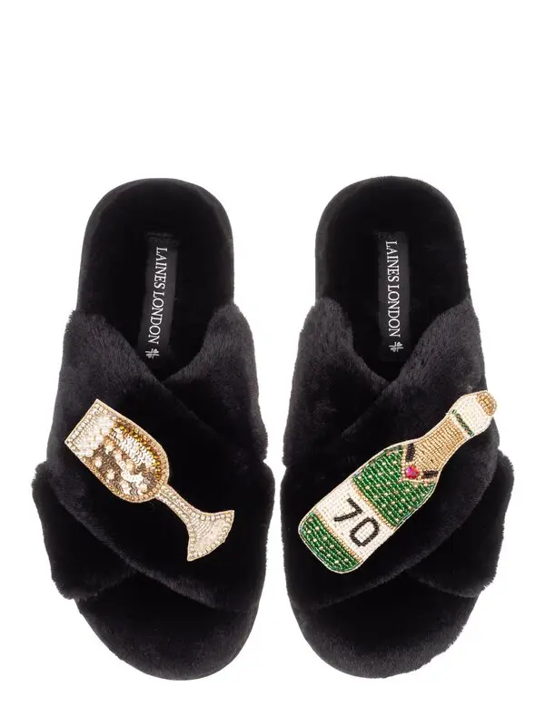 LAINES LONDON Classic Slippers With Champagne Glass And '70' Bottle Brooches - Black