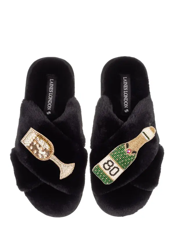 LAINES LONDON Embellished Faux Fur Cross Strap Slippers - Black