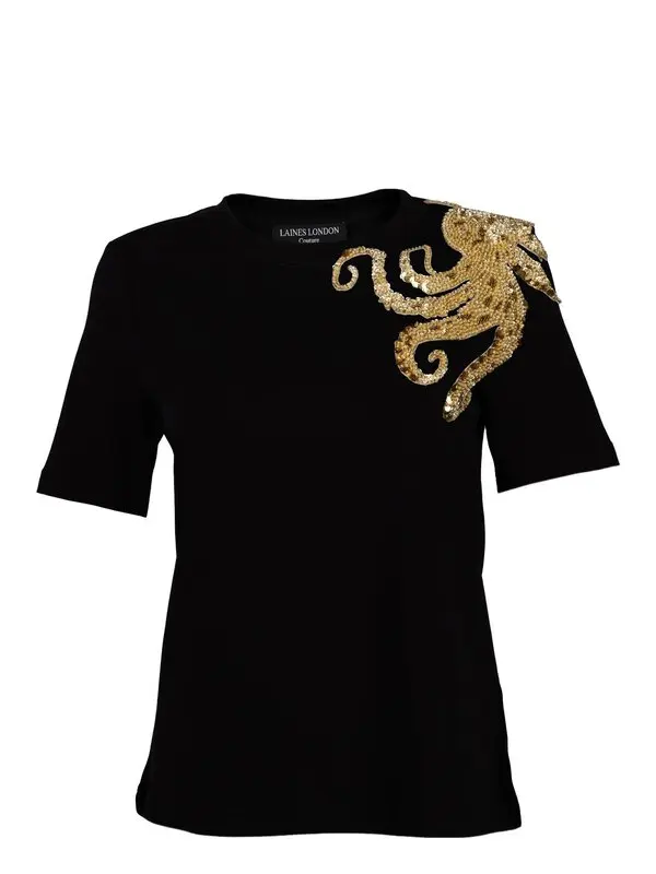 HOUSE OF LAINES LONDON Embellished Octopus T-shirt - Black/gold