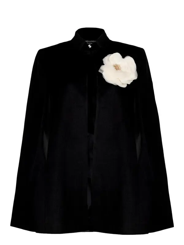 HOUSE OF LAINES LONDON Wool Blend Cape With Embellished Corsage - Black/gold