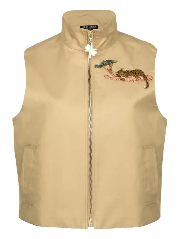 HOUSE OF LAINES LONDON Embellished Leopard Cropped Trench Gilet - White/yellow