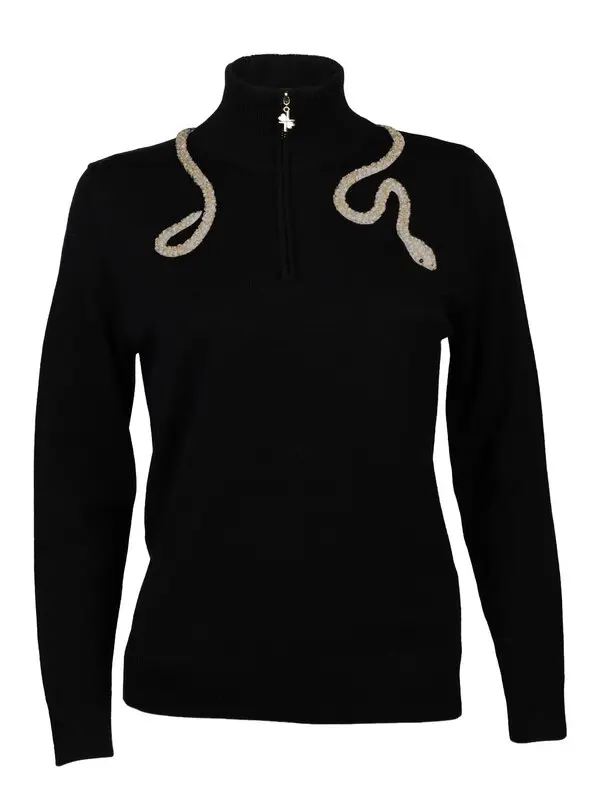 HOUSE OF LAINES LONDON Embellished Crystal & Pearl Snake Quarter Zip Jumper - Black