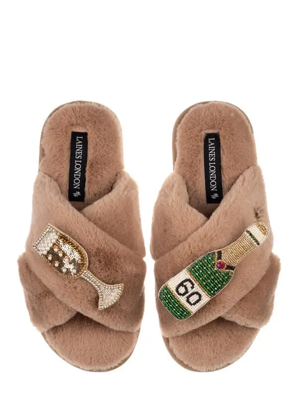 LAINES LONDON Embellished Faux Fur Cross Strap Slippers - Brown