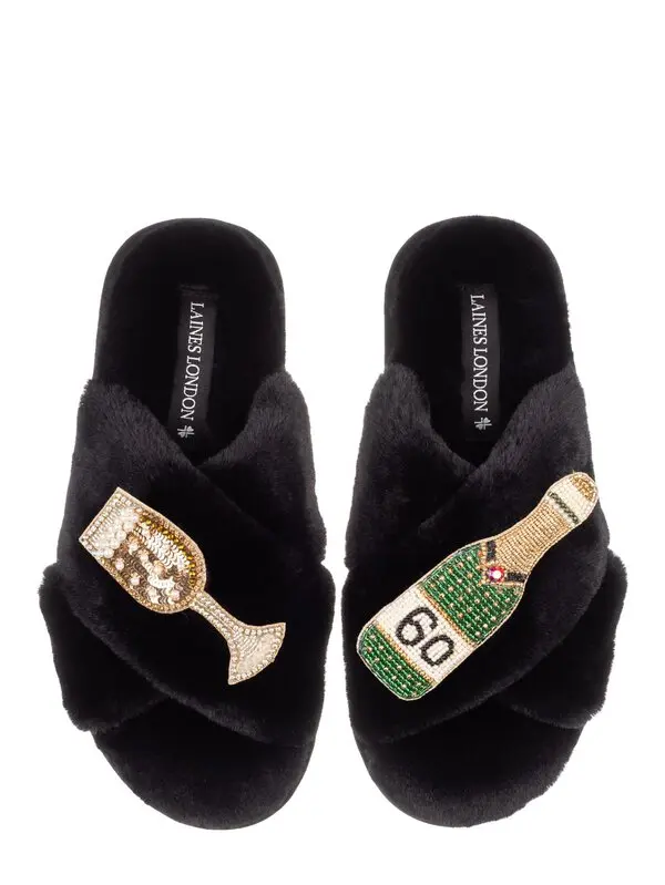 LAINES LONDON Faux Fur Cross Strap Slippers With Champagne & 60th Birthday Brooches - Black
