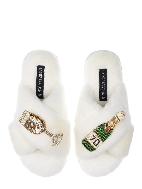 LAINES LONDON Embellished Faux Fur Cross Strap Slippers - White