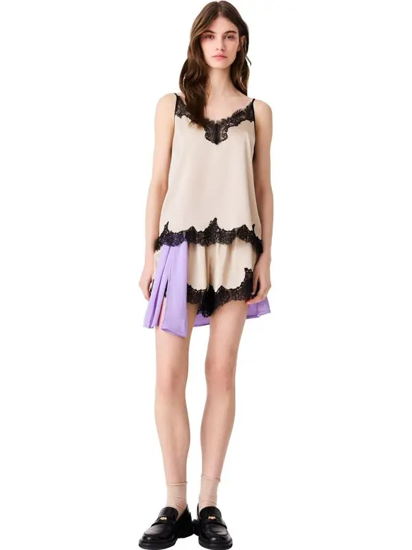 Maje Satin Slip Top With Black Lace Trim - Beige