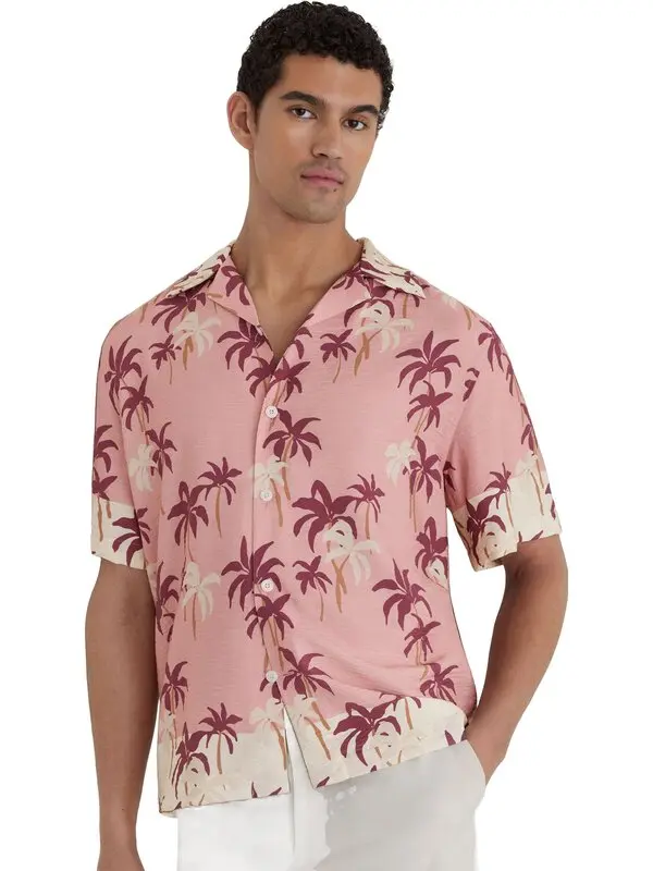 REISS Madrona Palm-print Cuban-collar Shirt - Pink