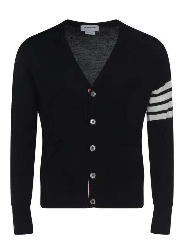 Thom Browne Virgin Wool V-neck Cardigan With Signature Stripes - Blue