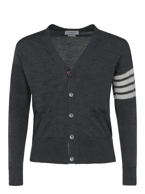 Thom Browne Virgin Wool Cardigan With Signature Stripes - Grey