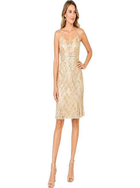 LARA NEW YORK Beaded Geometric Flounce Dress - Nude