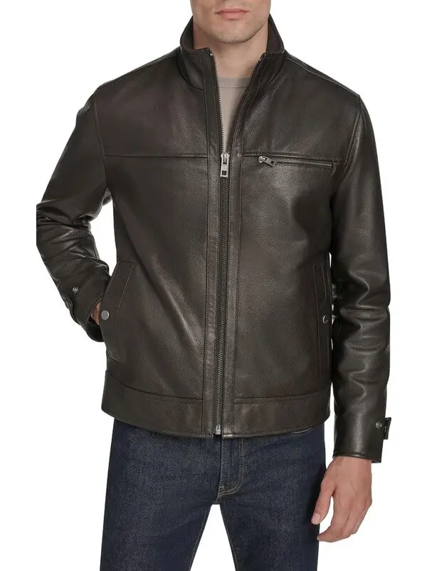 Andrew Marc Stand Collar Leather Jacket - Chocolate