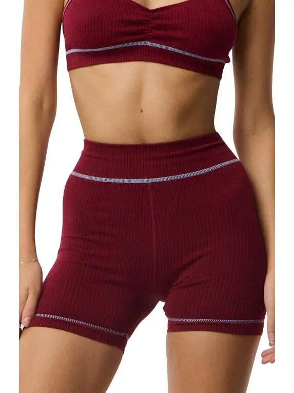 Rip Curl Ribbed Knit High-waisted Shorts With Contrast Stitching - Plum