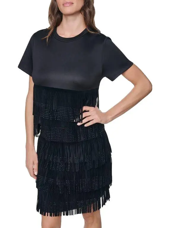 Dkny Rhinestone Embellished Fringe Dress - Black