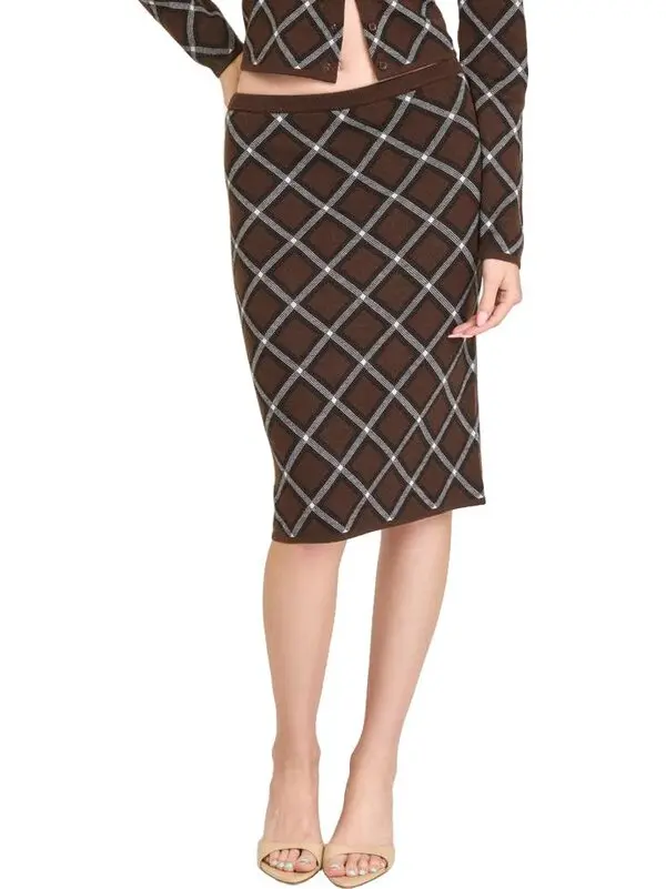 WAYF Willa Leopard Print Knit Midi Skirt - Brown Checker