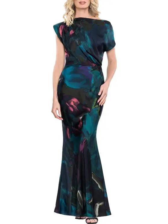 Betsy & Adam Floral Print Asymmetrical Neckline Gown - Teal/multi