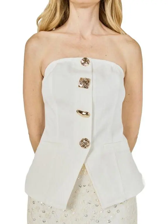Endless Rose Button Detail Strapless Top - White