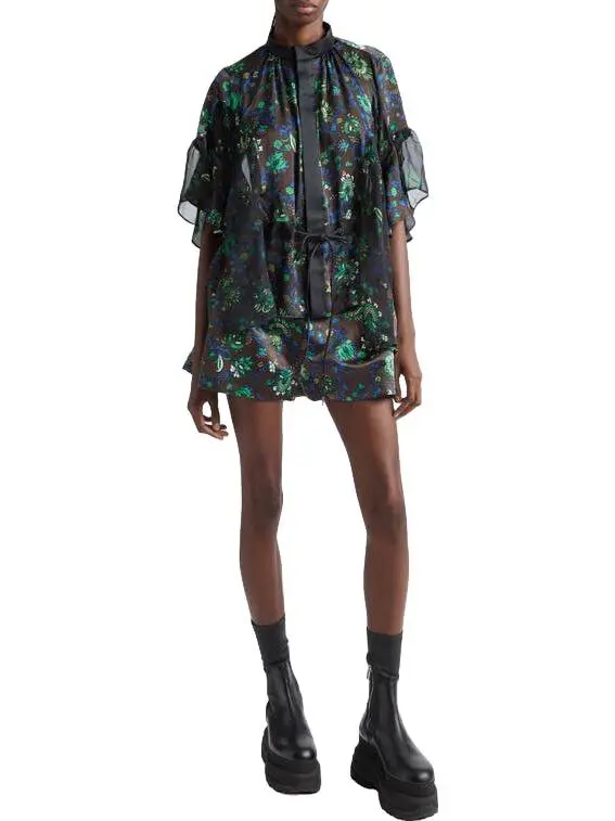 Sacai Floral Print Satin Shorts - Brown